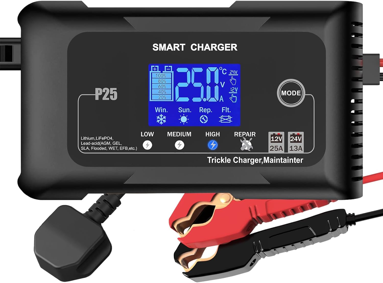 Universal 25A 12v/24v Smart Battery Charger - Lithium, Gel AGM ...